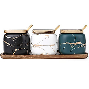 Dicunoy Ceramic Salt and Sugar Container, Condiment Jars with Lids and Spoons, Marble Seasoning Spice Pots Bowl, Pepper Sellar with Wooden Tray for Serving, Counter, Home, Kitchen