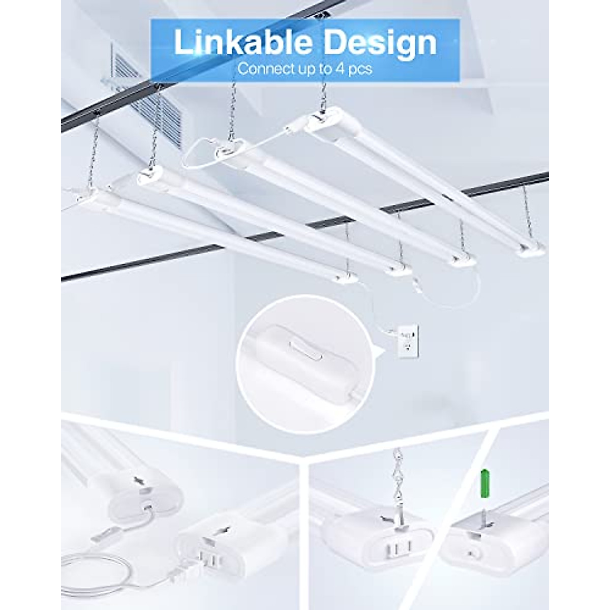 Ensenior 4 Pack Linkable Led Shop Light 4ft for Garage, 4400 High Lumens, 36W Equivalent 280W, 5000K Daylight, 48 Inch Utility Shop led Lights, Surface or Hanging Mount Fixtures, White, ETL Certified