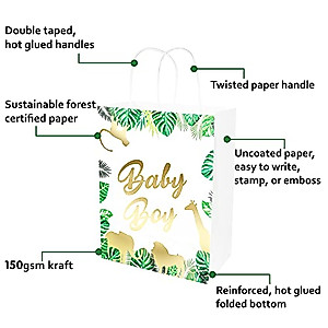Ocean Line Baby Shower Paper Gift Bags for Boy with Tissue Papers - 12 Pack Kraft Safari Jungle Animals Baby Boy Bags with Gold Wrapping Papers, Size 8" L x 4" W x 10" H
