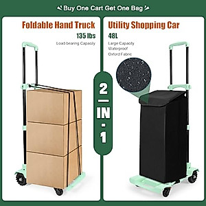 SELORSS 2-in-1 Foldable Hand Truck Utility Cart, Portable Grocery Shopping Cart with Wheels and Removable Waterproof Bag, Collapsible Lightweight Large Capacity for Supermarket, Laundry, Camping