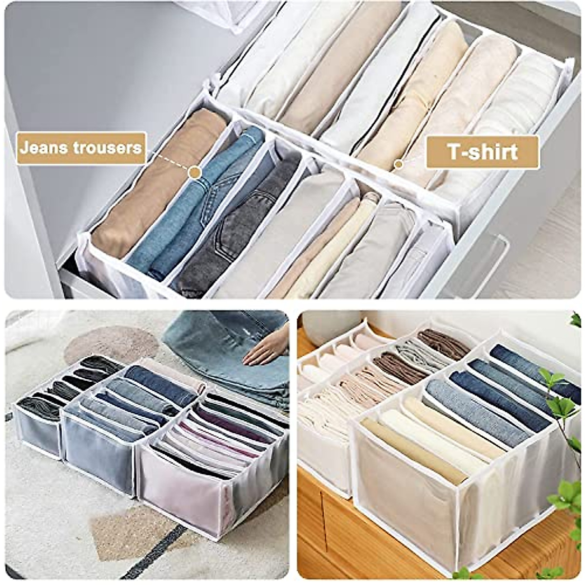 YUANSEN 7 Grids Washable Wardrobe Clothes Organizer, Jeans Compartment Storage Box Foldable Closet Drawer Organizer Mesh Separation for Bedroom, Pants T-Shirt Legging (4PCS Large)