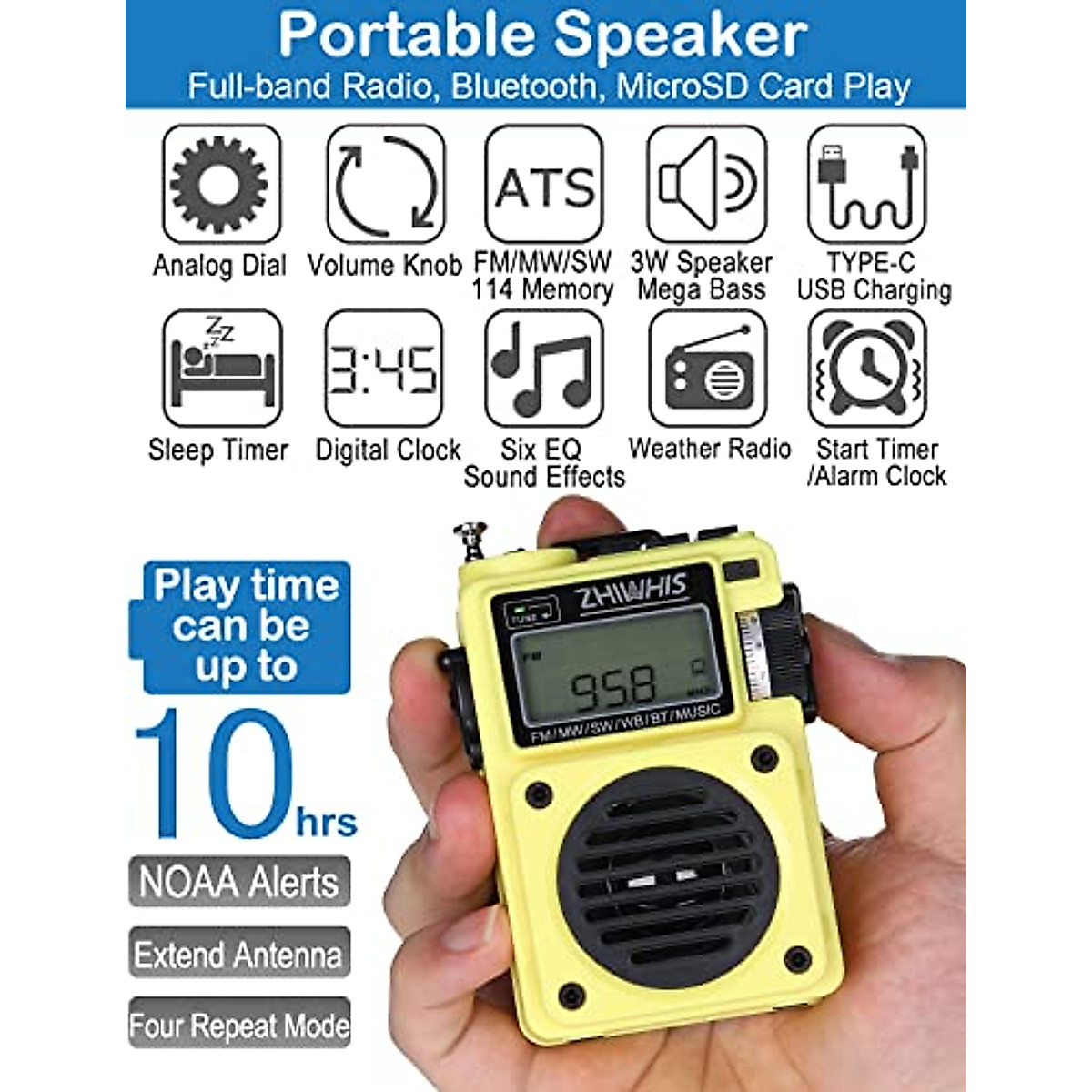 ZHIWHIS Shortwave Radio, MP3 Player with Weather Radios Portable AM FM, Retro Bluetooth Speaker with 6 EQ Modes, Rechargeable Alarm Clock Receiver with Sleep Time and NOAA Alerts ZWS-701