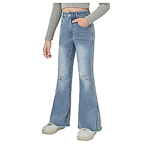 Floerns Girls Casual Ripped Frayed Split Hem Flare Bell Bottom Jeans Denim Pants Light Blue