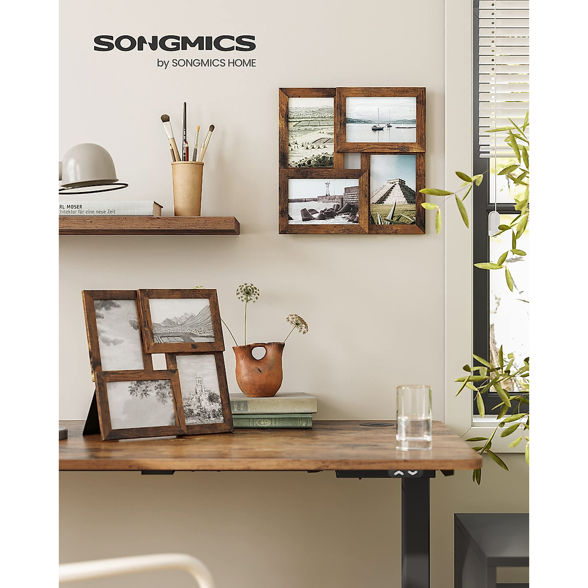 SONGMICS 4x6 Collage Picture Frames, Family Photo Collage Frame Set of 4 for Wall Decor, Glass Front, Wall Hanging or Tabletop, Rustic Brown