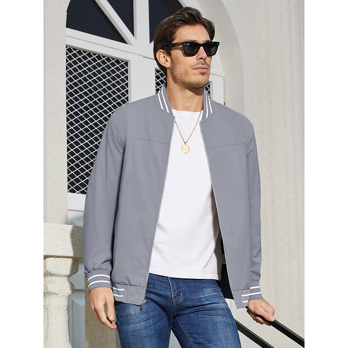 MAGCOMSEN Bomber Jackets for Men Lightweight Jacket Casual Windbreaker Jackets Windproof Zip Up Coats with 5 Pockets Light Grey, L