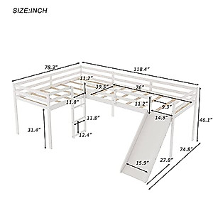 OPTOUGH L Shape Twin Size Loft Bed with Built-in Ladder and Slide,Wooden Low Loft-Bedframe for Kids,Teens,No Spring Box Need,White