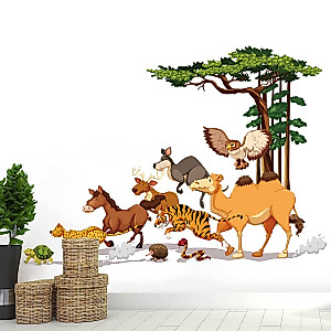 MEFOSS Removable Cartoon Jungle Animal Big Tree Wall Decals Creative Tiger Horse Leopard Turtle Wall Stickers Peel and Stick Wall Decals for Kids Bedroom Playroom Nursery Wall Decor (A)