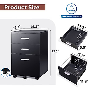 DEVAISE 3 Drawer Wood Mobile File Cabinet, Rolling Filing Cabinet for Letter/A4 Size, Black