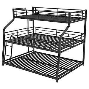 Triple Bunk Beds Twin XL/Full XL/Queen, Made of Heavy Duty Steel with Ladders and Full-Length Guardrails for Boys, Girls, Teens (Black)
