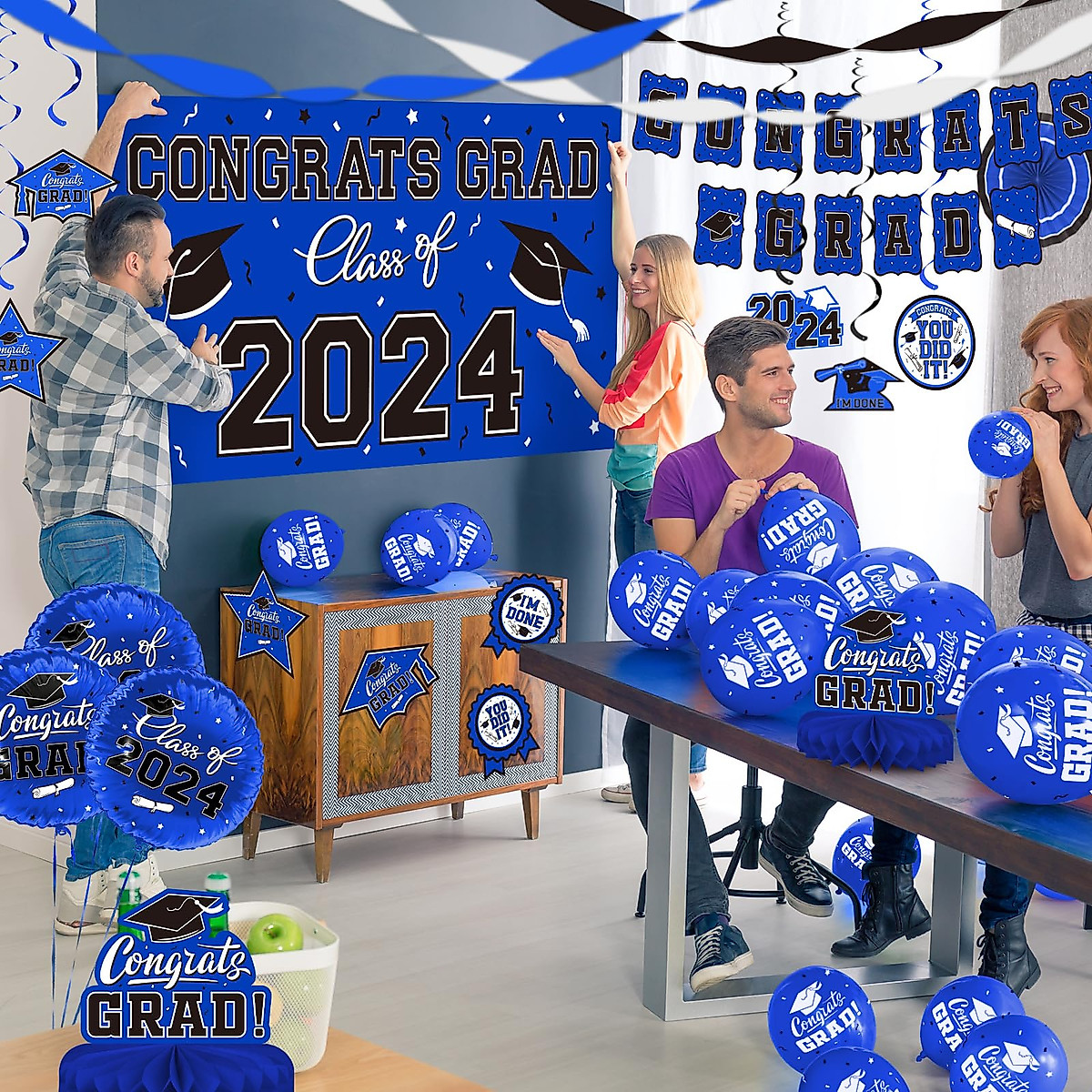 Blue Themed 2025 Graduation Decorations Set - Congrats Grad Banner, Class of 2025 Backdrop, Balloons & Streamers Kit - Complete Party Supplies for High School & College Celebrations