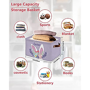 1 PCS Large Storage Basket Bins Waterproof Fabric, Easter Bunny Ear Rectangular Storage Box for Shelf Closet Organizer Cute Easter Rabbit Purple Red Spring Floral