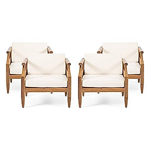 Christopher Knight Home Daisy Outdoor Club Chair with Cushion (Set of 4), Teak Finish, Cream