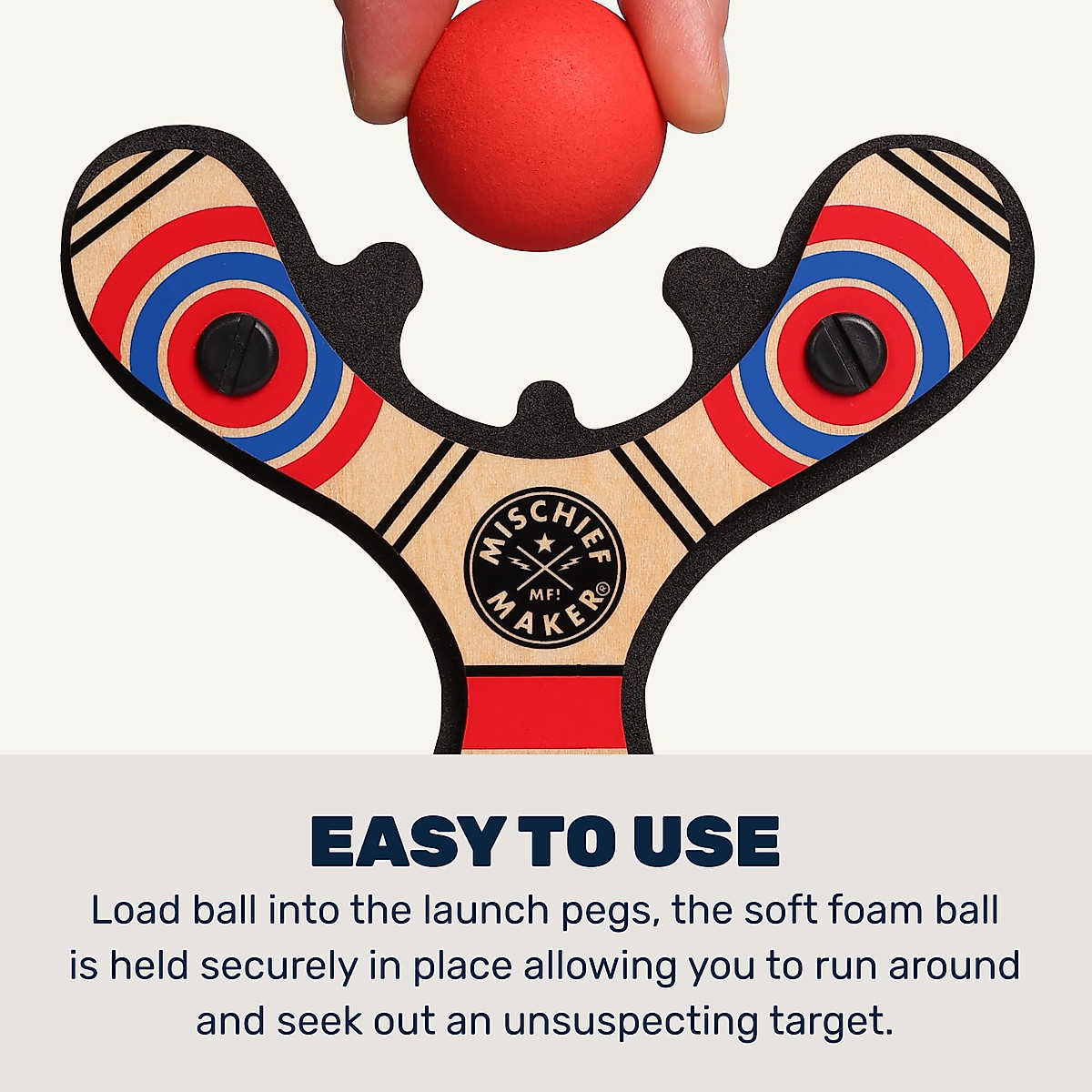 Mighty Fun! - Mischief Maker® Wooden Slingshot - Classic Series - Real Wood Slingshot for Kids, 4 Soft Foam Balls and Storage Bag - Ages 4+ (red)