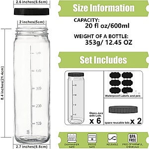 Huichuiero [6 Pack] 20 Oz Glass Juicing Bottles w Airtight Lids - Reusable Drinking Jars w Scale Marker, Travel Water Cups - Tall Mason Jar for Kombucha, Vanilla Extract(Extra 2 Lids)
