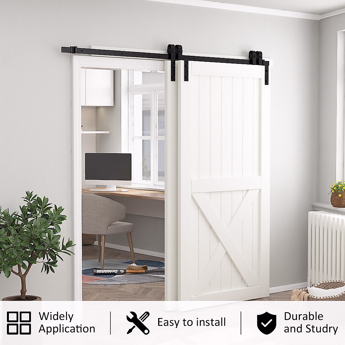 skysen 6FT Heavy Duty Sliding Barn Door Hardware Single Track Bypass Double Door Kit Black(Bypass J Shape-1)