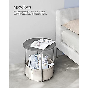 VASAGLE Small Round Side End Table, Modern Nightstand with Fabric Basket, Dove Gray, Classic White