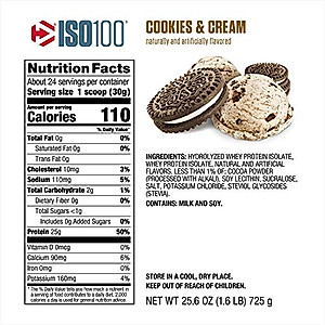 Dymatize ISO100 Hydrolyzed Protein Powder, 100% Whey Isolate Protein, 25g of Protein, 5.5g BCAAs, Gluten Free, Fast Absorbing, Easy Digesting, Cookies and Cream, 1.6 Pound