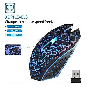 TENMOS K6 Wireless Gaming Mouse, Rechargeable Silent LED Optical Computer Mice with USB Receiver, 3 Adjustable DPI Level and 6 Buttons, Auto Sleeping for Laptop/PC/Notebook (Blue Light)