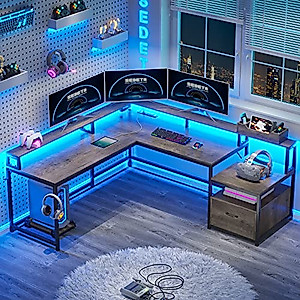 SEDETA L Shaped Desk, 66" Home Office Desk with File Drawer & Power Outlet, Gaming Desk with Led Lights, Corner Computer Desk with Monitor Shelf, Printer Storage Shelves, Two Person Desk, Grey
