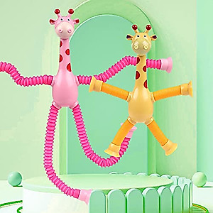 4 Pcs Telescopic Suction Cup Giraffe Toy, Shape-Changing Giraffe Telescopic Tube Cartoon Puzzle Suction Cup Sensory Toys, Novel Stretch and Decompress Educational Giraffe Toys (4 PCS, With light)