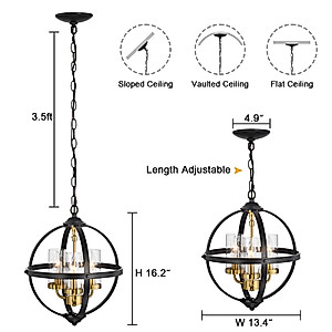 Treekee Rustic Chandelier, 14" Black and Gold Finish Glass Cover Luxurious Hanging Light, 3 Lights Globe Vintage Pendant Ceiling Light Fixtures for Living Room Entry Way Dining Room