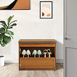 MoNiBloom Shoe Bench Entryway with Storage, Bamboo Shoe Rack Organization with Doors for 6-10 Pairs Hallway Bedroom Living Room Garden, Brown