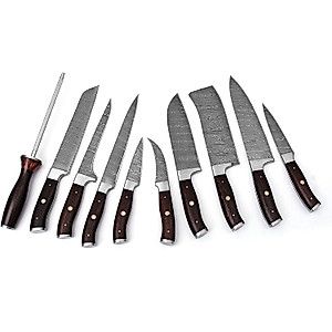 Handmade Damascus Kitchen Chef Knife Set - Professional Damascus Steel Knife Set - 10 pcs Japanese Damascus Knife Set With Leather Bag/Case(10801)