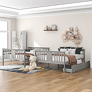 Harper & Bright Designs Full Over Full Bunk Beds with Storage,Wood Bunk Beds Full Over Full Size with Drawers,Full Bunk Beds with High Length Guardrail for Kids,Teens,Adults, Grey