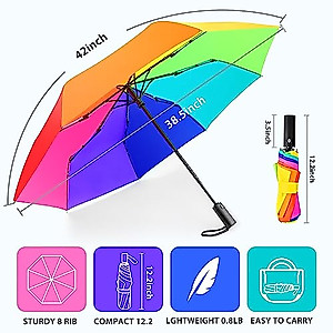 LEAGERA Rainbow Umbrella for Adults - Automatic Travel Umbrellas for Rain&Sun, Small, Compact, Light, Folding and Portable Backpack Umbrella (2 PACK, 37" Single Canopy)