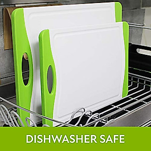 Neoflam 2pc Antibacterial Plastic Cutting Board Microban Protection, Stain & Odor, Extra Large, BPA Free, Juice Groove, Non Slip, Dishwasher Safe, Easy Grip Handle, Set, White Green