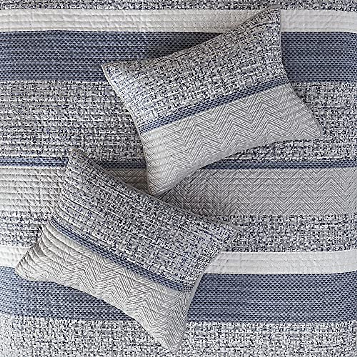 Madison Park King Quilt Set Lustrous Jacquard & Glitter Accent Coverlet Set for King Size Bed - All Season, Lightweight King Quilt Set, Shams, Decorative Pillow, King/Cal King Chevron Grey/Navy