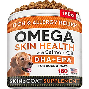 Fish Oil Omega 3 Treats for Dogs - Allergy and Itch Relief - Skin and Coat Supplement - Joint Health - Wild Alaskan Salmon Oil - Shedding, Itchy Skin Relief - Omega 3 6 9 - EPA & DHA - 180 Treats