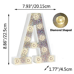 LED Marquee Letter Lights, Light Up Silver Diamond Alphabet Marquee Letters Sign Glitter Silver Party Decorations Girls Birthday Gifts Bedroom Night Light Wedding Bar Christmas Decor, Bling Letter A