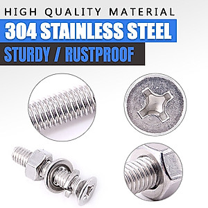 Glarks 665Pcs 304 Stainless Steel M3 M4 M5 M6 Phillips Flat Head Machine Screws Bolts Nuts and Flat Gasket Spring Washers Assortment Set, Full Thread