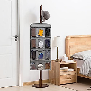 ANZORG Dual Sided Hanging Shoe Organizer for Closet with Rotating Hanger Hanging Shoe Rack Holder with 24 Large Pockets (GREY-Clear Pockets)