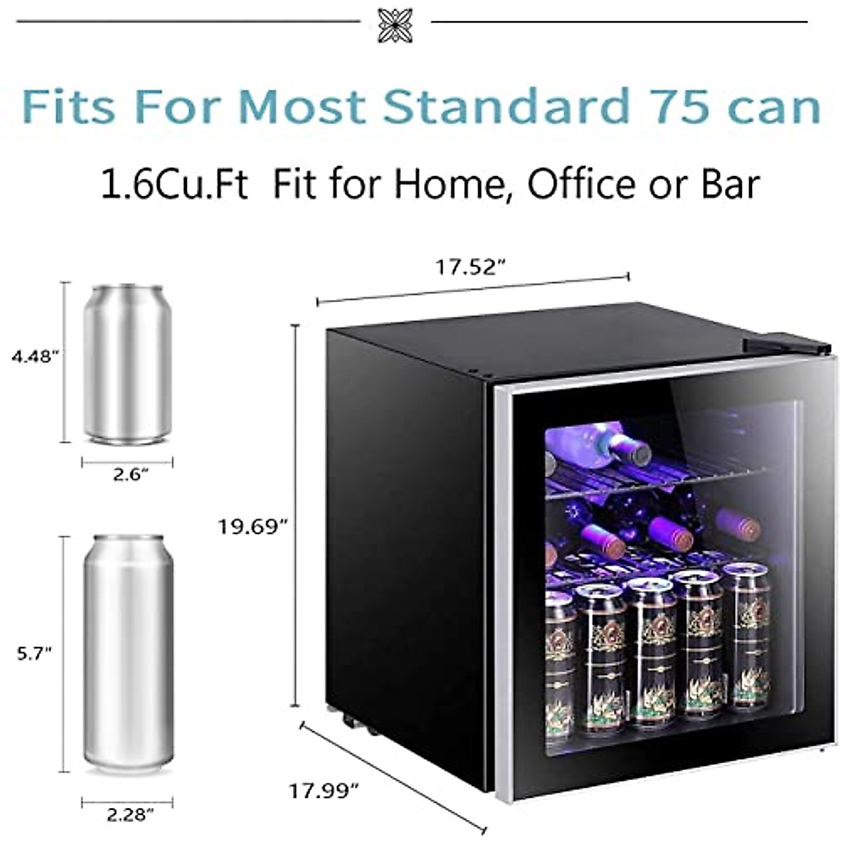 Antarctic Star 12 Bottle 70 Can Wine Cooler/Cabinet Beverage Refrigerator Small Mini Fridge Clear Front Glass Door Counter Top Red Cellar Beer Soda Bar Quiet Compressor Freestanding 1.6 cu.ft Black