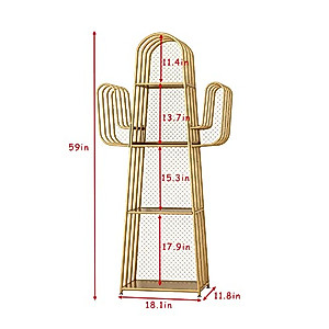 DOORXIF 4-Tier Gold Bookshelf Freestanding, Cactus Bookcase 4 Cube Storage Organizer Closet Metal Display Cabinet, Corner Bookshelf for Small Spaces, Gold Bookcase for Bedroom Office