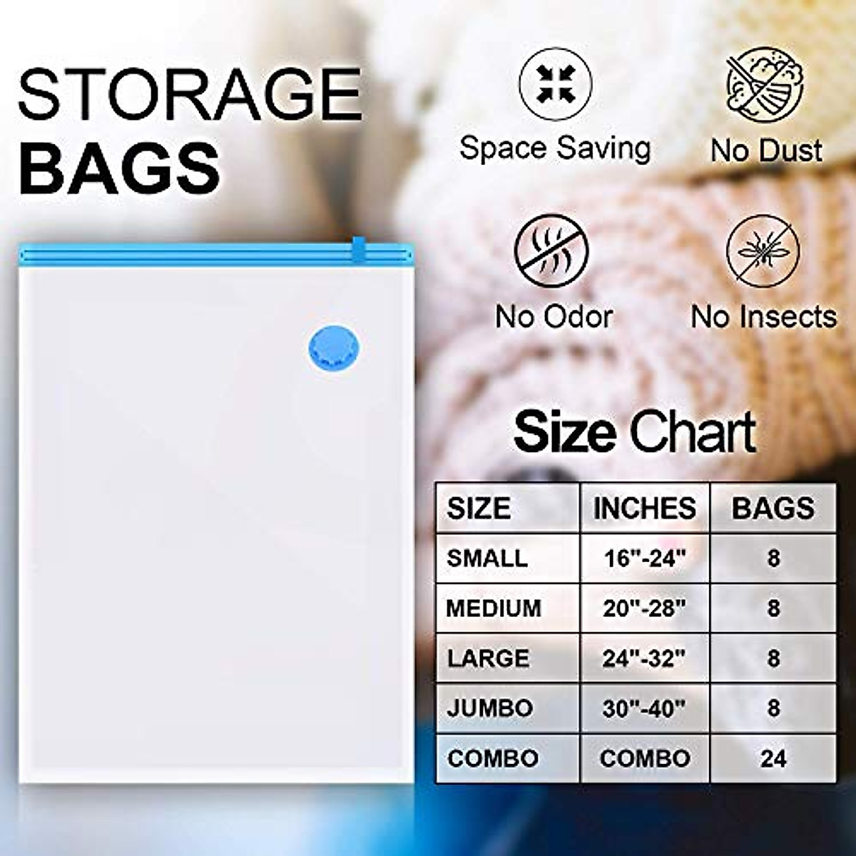 Reusable Vacuum Seal Bags | Vacuum Seal Bags for Clothes |Combo Pack of 24 Space Saver Storage Bags, 6 of Each Size Vacuum Packing Bags