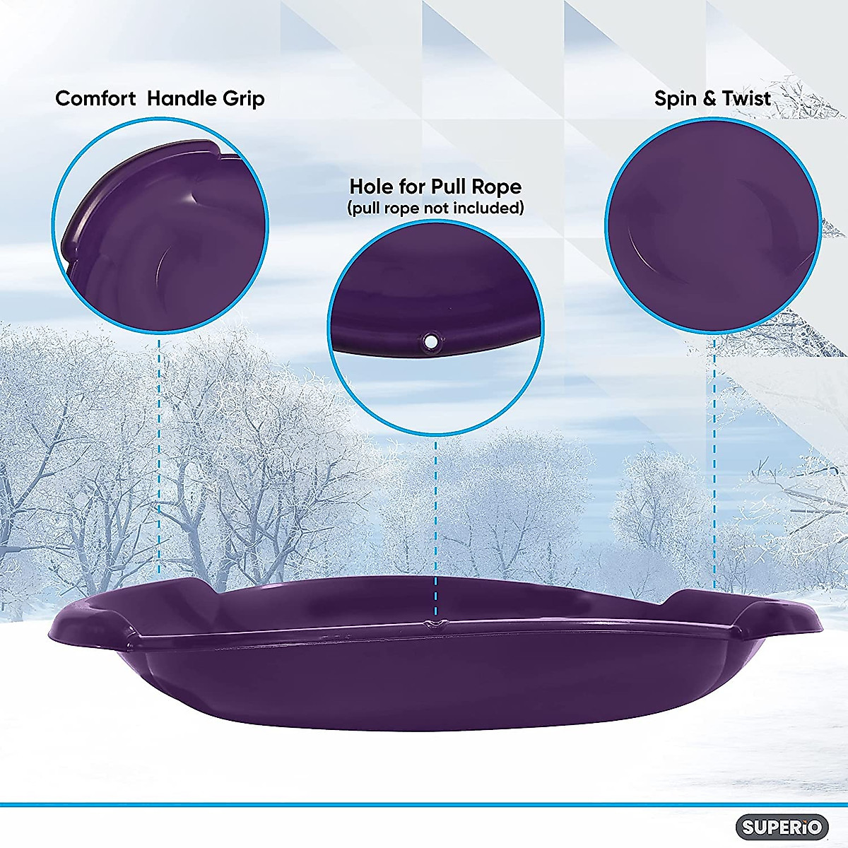Superio Round Saucer Snow Sled, Purple Spiral Plastic Sled with Handles 24" Winter Snow Fun for Kids and Adults