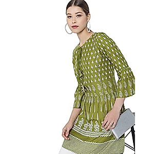 Yash Gallery Women's Rayon Printed Short Kurta (Green)