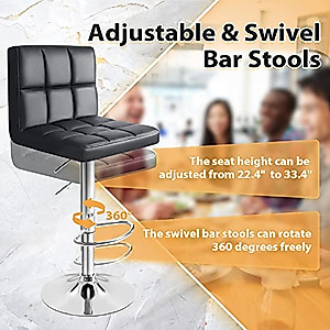 GUNJI Bar Stools Modern PU Leather Adjustable Barstools with Back Armless Hydraulic Kitchen Counter Height Swivel Bar Stool Set of 2 (Black)