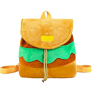 Mewcho 12.2” Burger Plush Backpack Drawstring Funny Y2k Cute Hamburger Purse Kawaii Small Bag School Backpack for Women Adults Girls Boys Kids Toddler