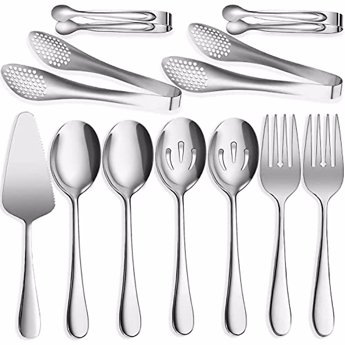 IAXSEE 11 PCS Serving Utensils, Large Stainless Steel Spoons Forks Tongs, Pie Server, Great for Hostess Buffet Catering Banquet Party, Silver