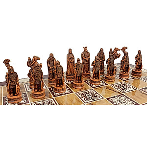 Antique Ivory & Brown Norse Viking Chess Set with 17" Burlwood Color Board