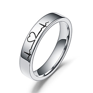 COLORFUL BLING 2 Piece/Set Silver Stainless Steel Heart Rings Love Heart electrocardiogram Couple Ring Hypoallergenic Promise Ring-size 6
