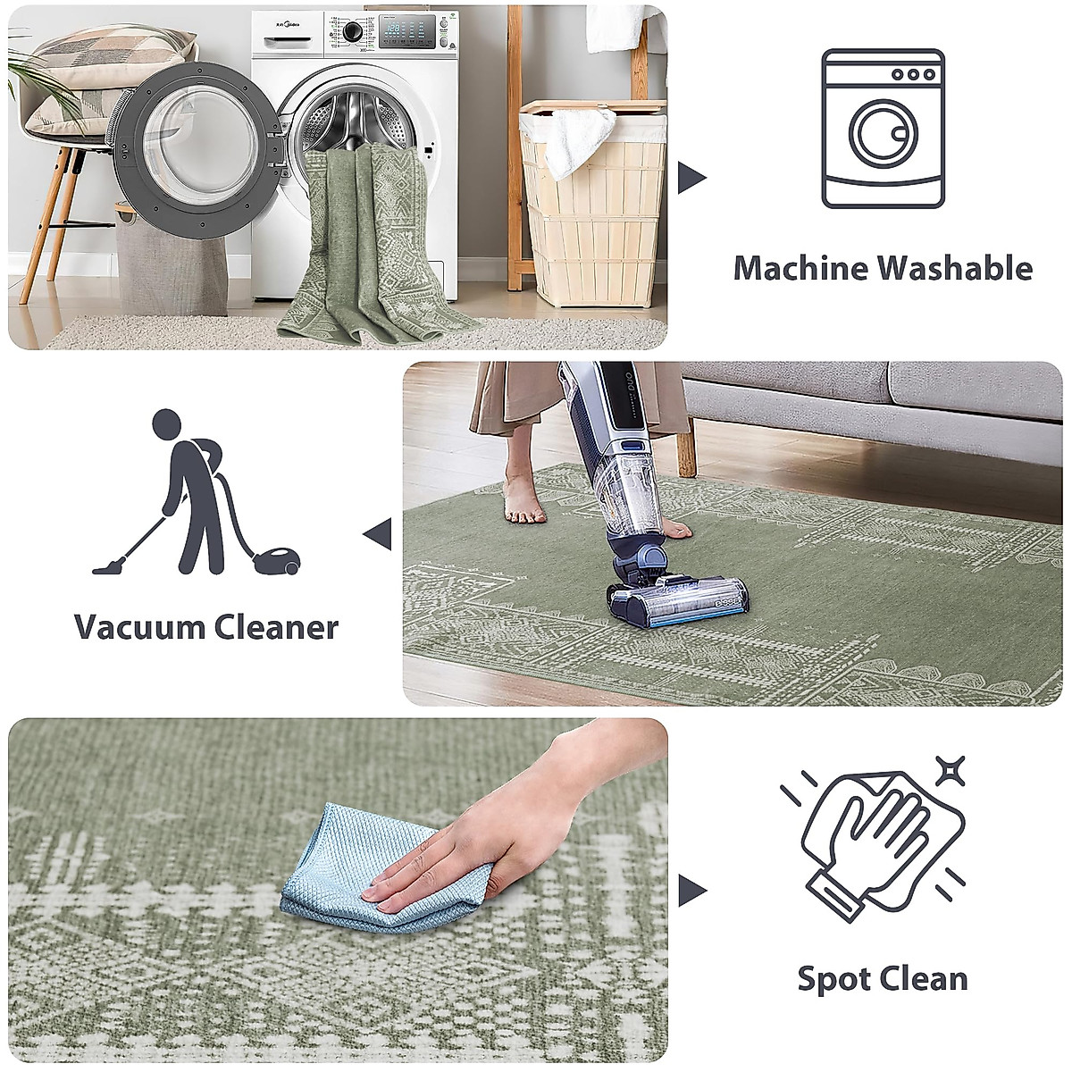 NICETOWN Sage Green Rug 2x3 Rugs Entryway Small Rug Washable Christmas Rug Thin Geometric Area Rug with Rubber Backing - 2x3 Boho Non-Slip Foyer Carpet for Kitchen Laundry Bathroom Bedroom, Sage Green