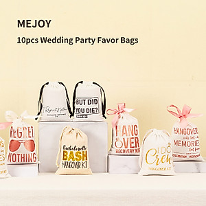 MEJOY 10pcs Wedding Party Favor Bags,Rose Gold Foil Gift Bags,HANGOVER Bags, Hangover Kit Bags for Bridal Shower Bachelorette Recovery Kit Bags Cotton Muslin Drawstring Bag (ROSE RING, 5"x7")