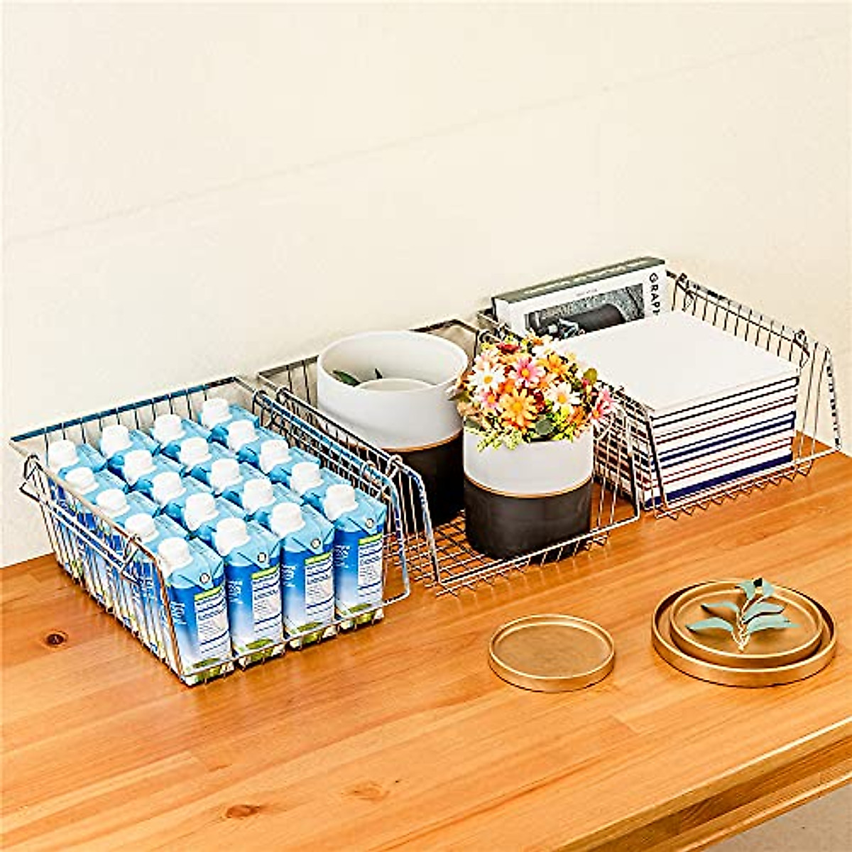 SANNO 14" Large Bin Baskets Stacking Farmhouse Baskets Wire Storage Baskets Organization Farmhouse Scoop Baksket for Pantry, Kitchen, Closets, Bathroom, Cabinets, Kitchen, Set of 3