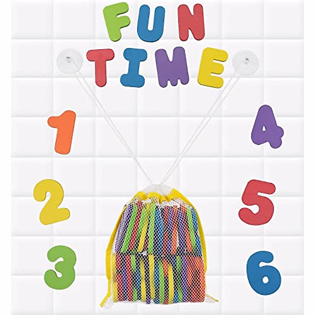 Click N’ Play 36 Piece Play Set of Bath Foam Letters & Numbers with Mesh Bag Organizer, Non Toxic & BPA Free, Colorful, Educational & Fun ABC Foam Bath & Shower Toys for Baby & Toddlers