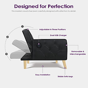 TYBOATLE 65“ Sofa Bed w/ 2 USB,Convertible Futon Tufted Small Adjustable Folding Couch Loveseat, Modern Mid Century Faux Leather Sleeper Sofa for Living Room,Bedroom,Apartment,Office (Black) (Black)